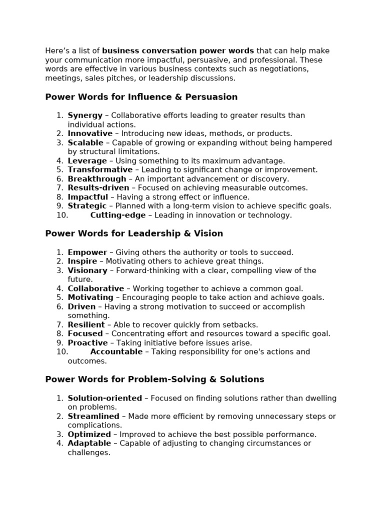Business Power Words for Impact | PDF | Motivational | Motivation