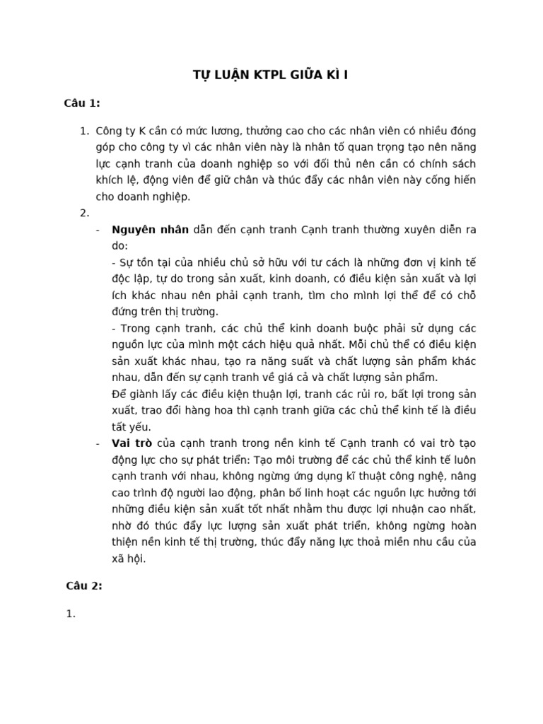 Tự Luận Ktpl Giữa Kì i | PDF