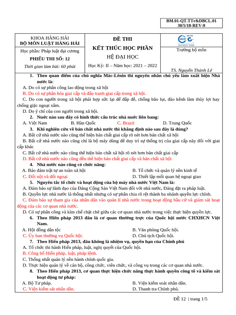 Đề PLDC 12 Kì 1 20-21 | PDF