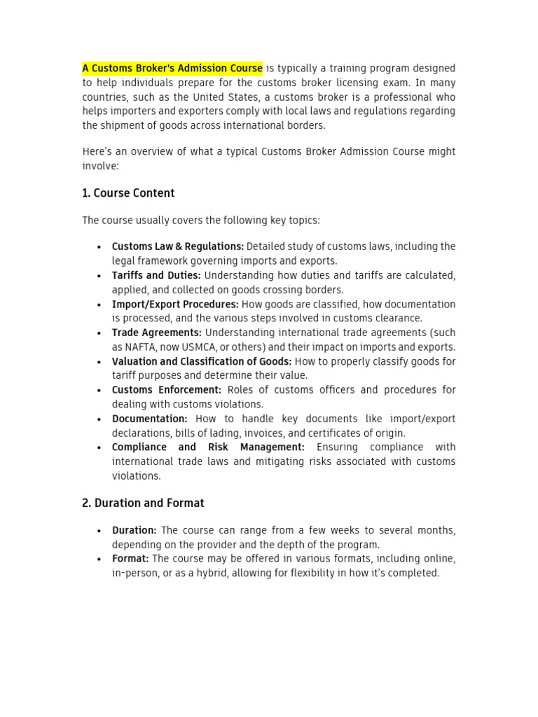 Customs Broker Admission Course Overview | PDF | Customs | Business