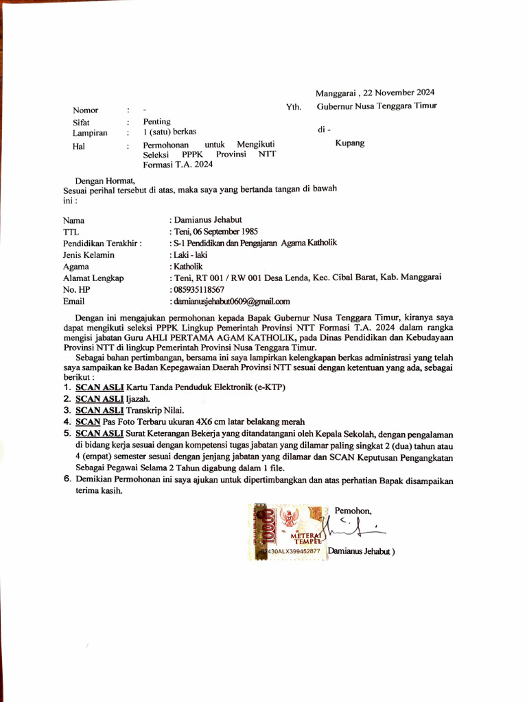 Surat Permohonan Mengikuti Seleksai PPPK + Pak Dami | PDF