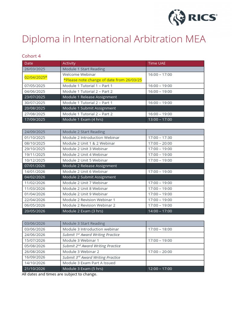 Diploma in International Arbitration MEA Course Calendar | PDF ...