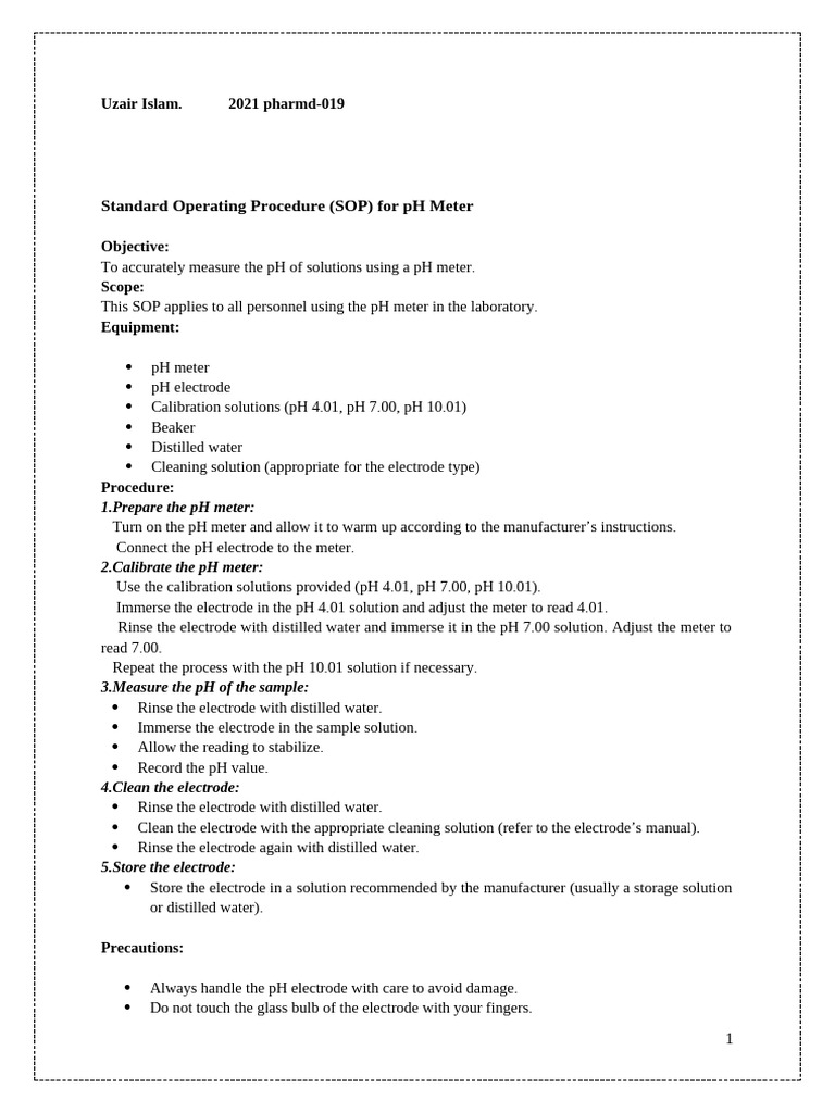 pH Meter Standard Operating Procedure | PDF