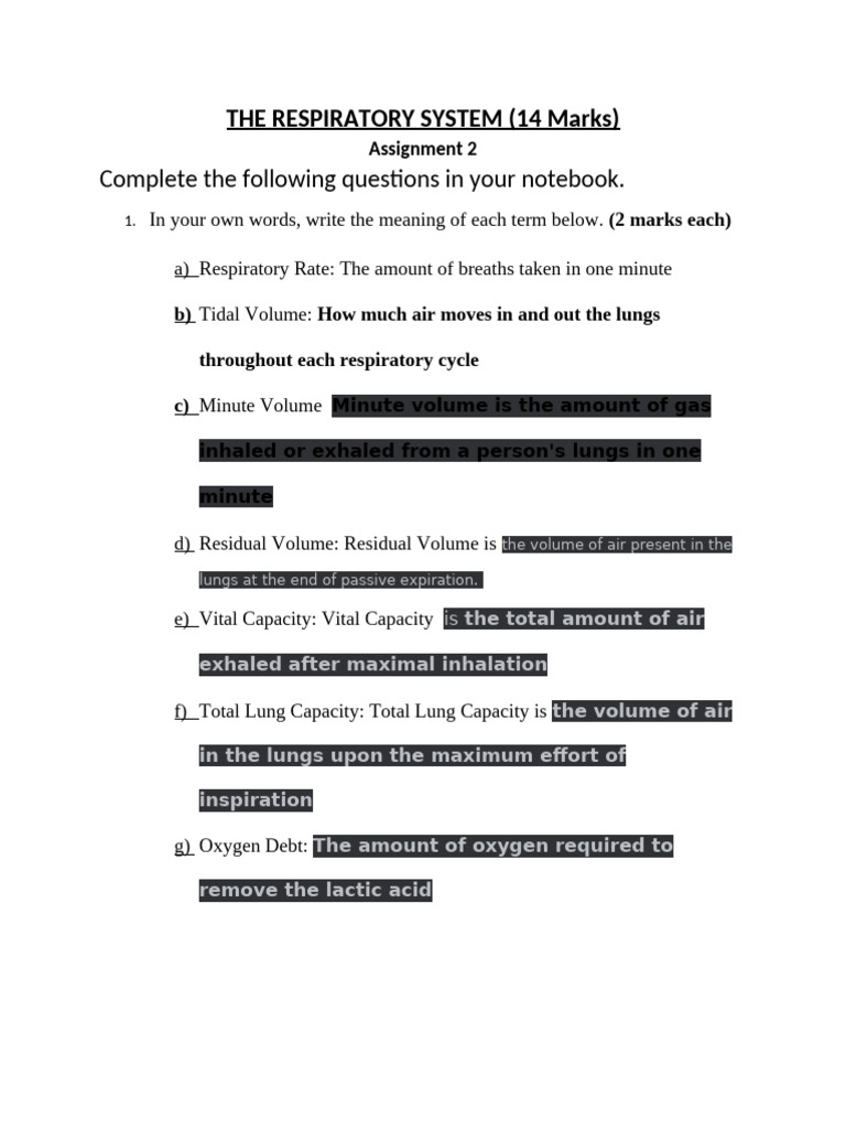 Respiratory System Assignment 2 | PDF