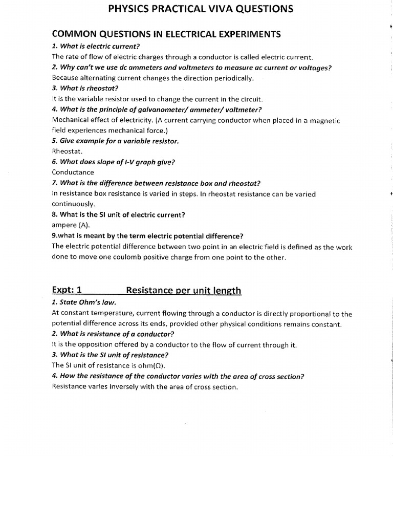 2 Puc Physics Viva Questions RS 4 | PDF