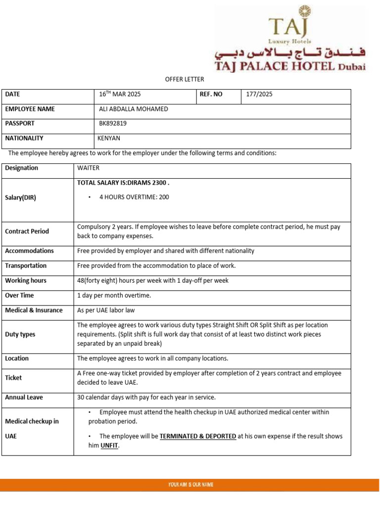 OFFER_LETTER_DUBAI(1)[1] | PDF | Employment | Overtime