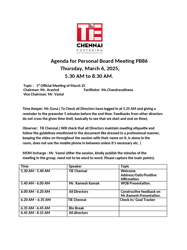 Agenda for PB86 Personal Board Meeting | PDF
