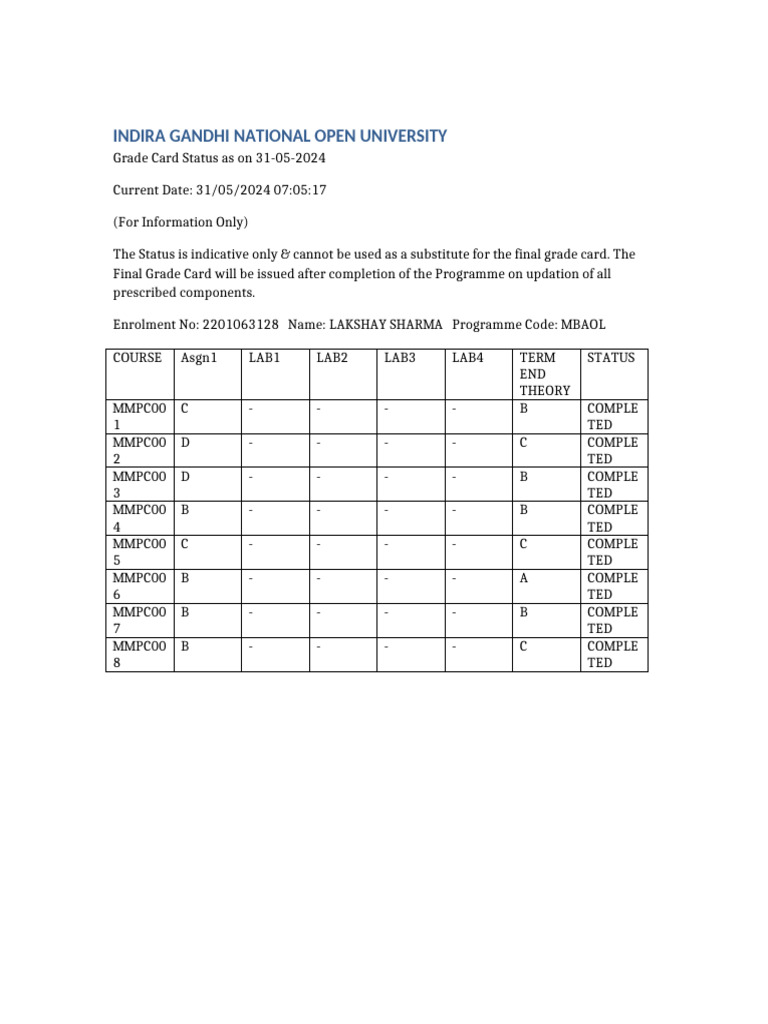 IGNOU Grade Card | PDF