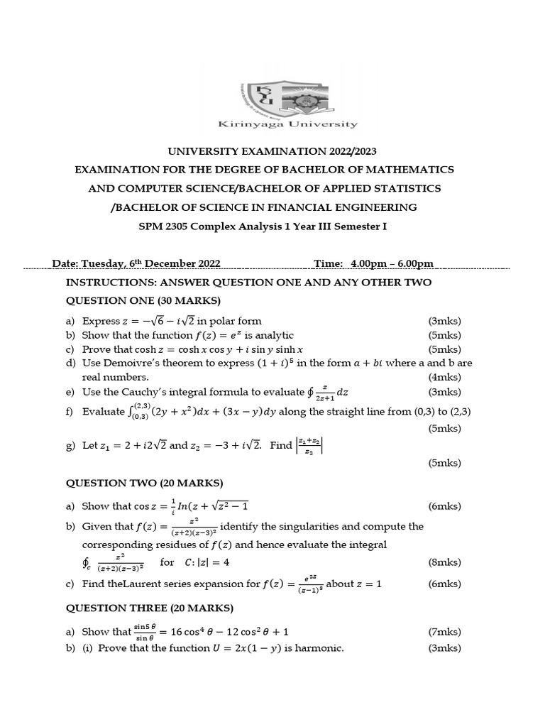 SPM 2305 Complex Analysis 1 Year III Semester I | PDF | Complex Analysis | Mathematics
