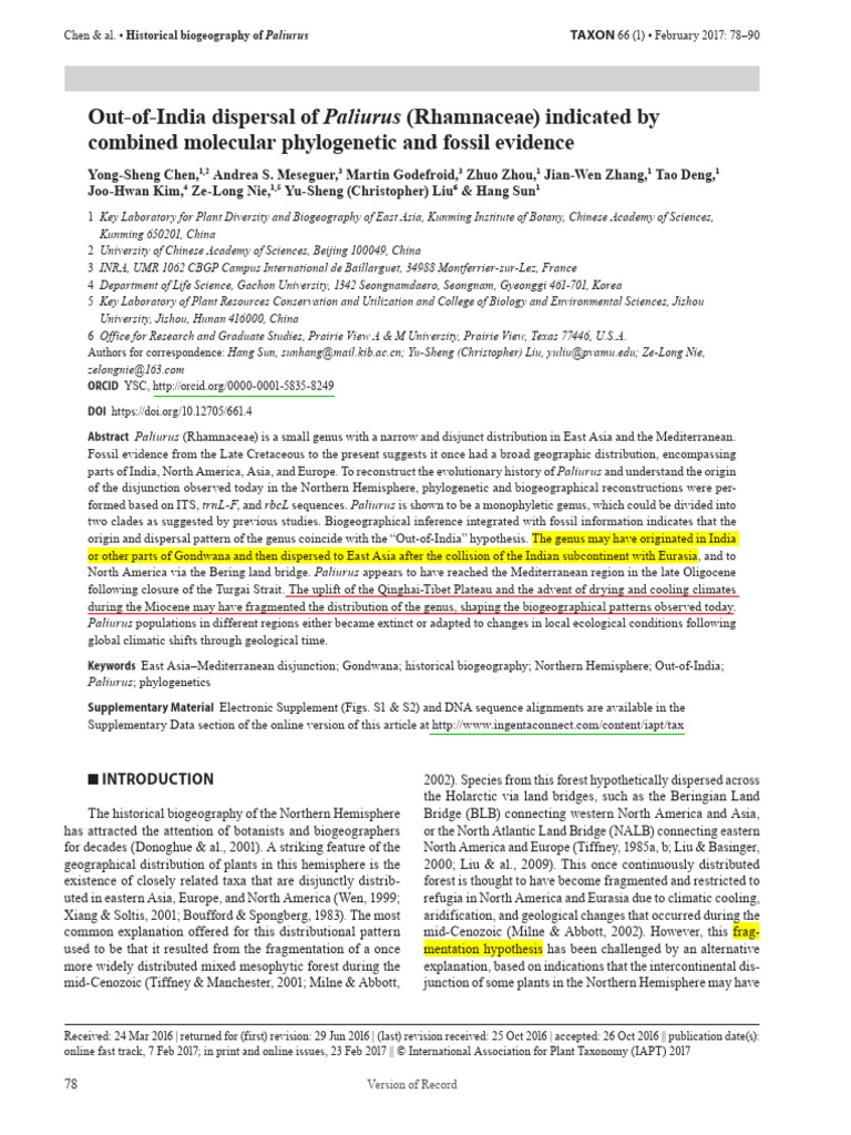 Paliurus Biogeography and Dispersal History | PDF | Biology | Taxonomy ...
