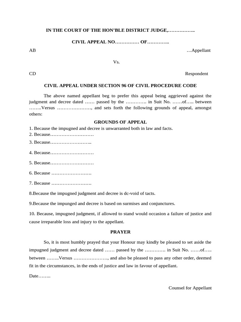 Civil Appeal Format for District Court | PDF | Judgment (Law) | Affidavit
