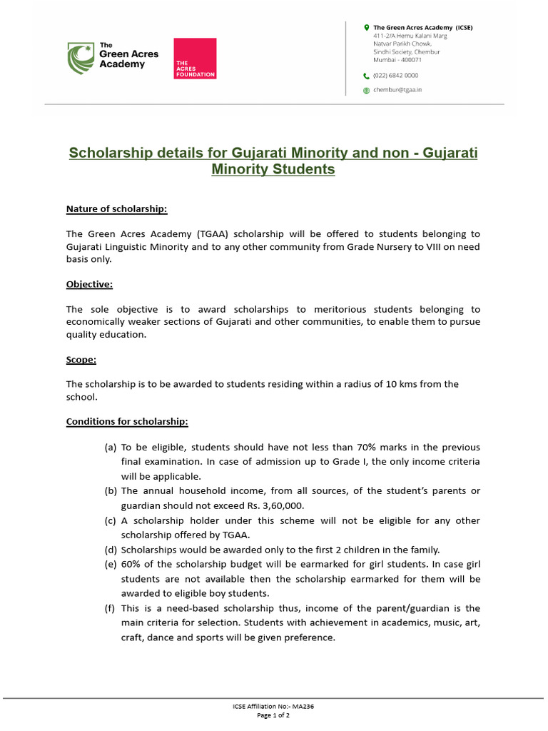Scholarship - Details For Need Based Students | PDF