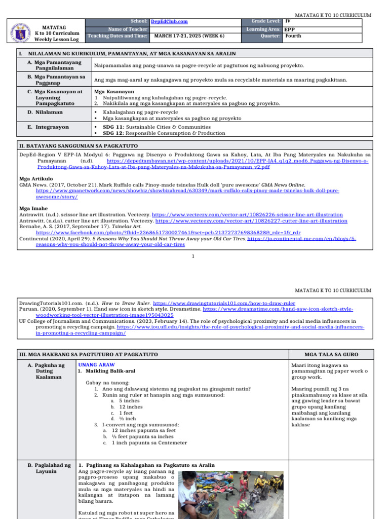 DLL Matatag - Epp 4 q4 w6 | PDF