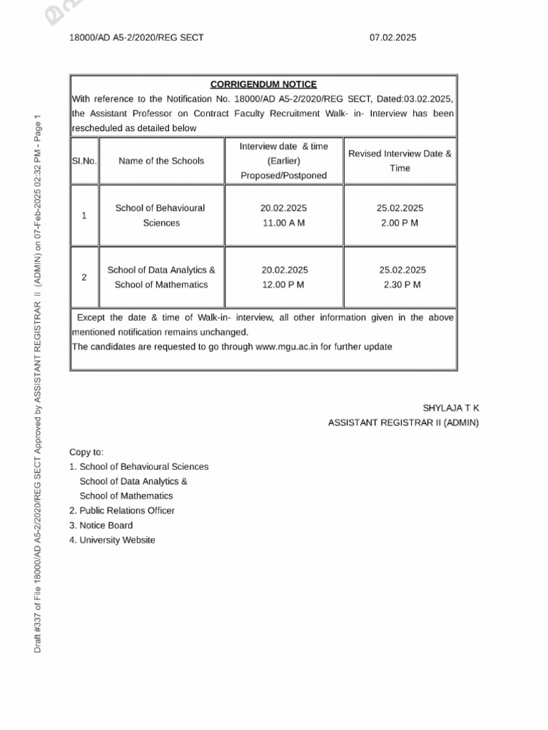 Corrigendum Notice in R o Walk in Interview of Assistant Professor On ...