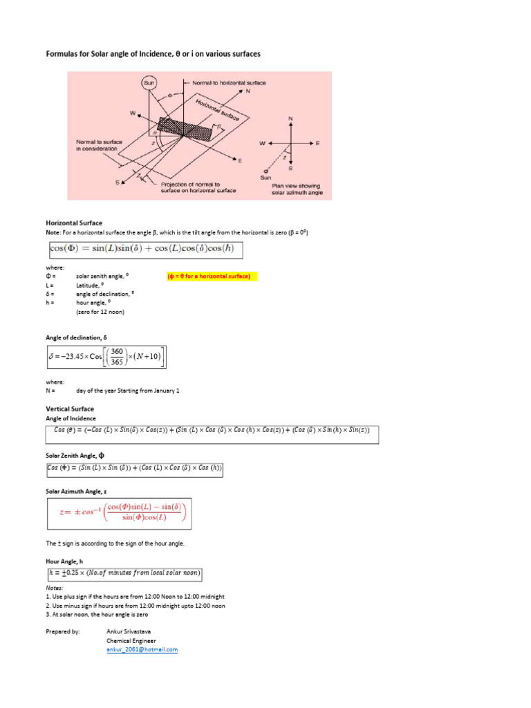 Formulas For Solar Angle of Incidence - Object On Earth | PDF