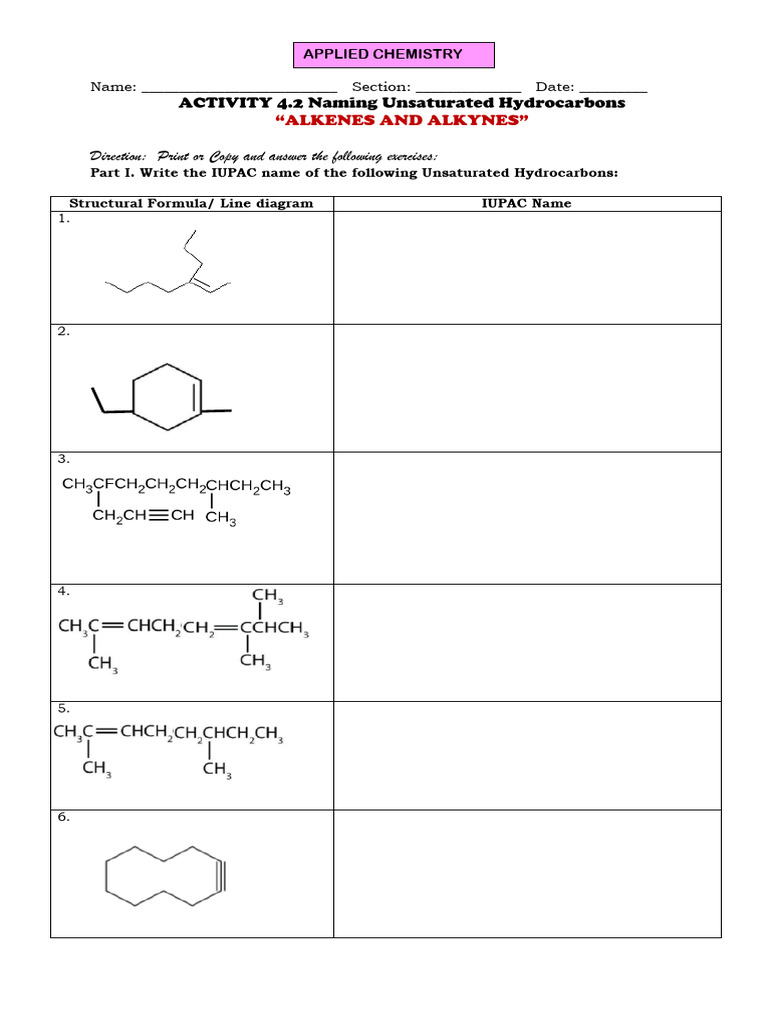 Act 4.2 Naming Alkenes and Alkynes Advanced Chem | PDF