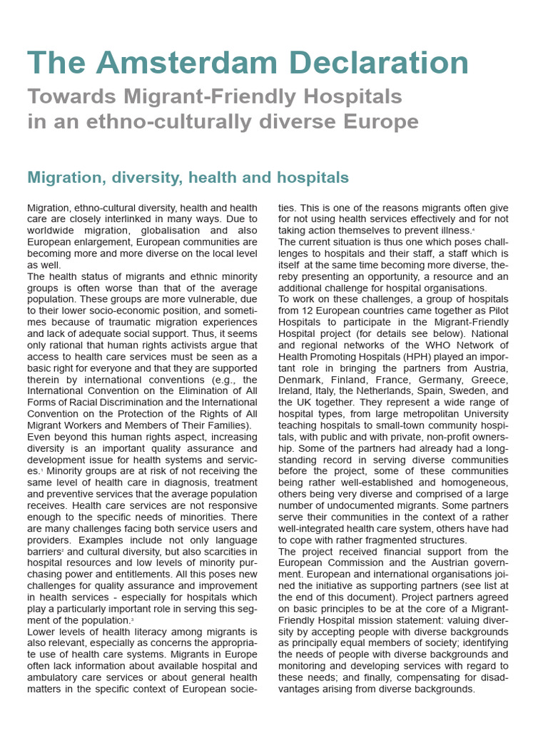 Amsterdam Declaration Migrant-Friendly Hospitals | PDF | Human ...