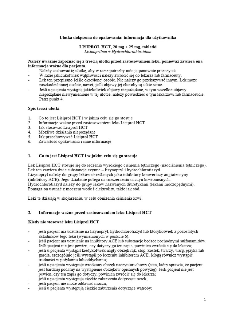 Ulotka Lisiprol HCT Tabletki 2025 MG | PDF