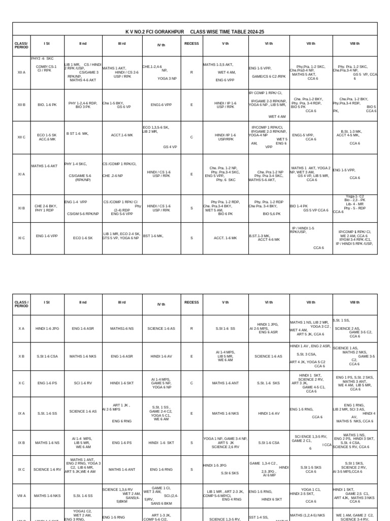 Class Wise Time Table 2024-2025 | PDF