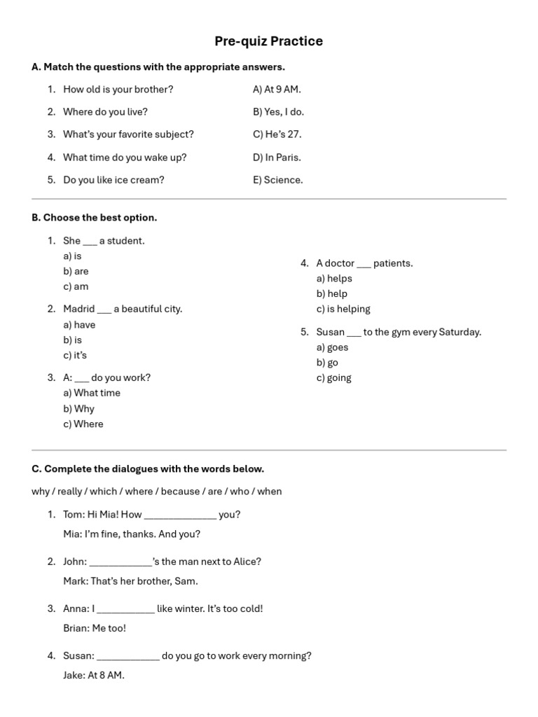 English Pre-Quiz Practice Exercises | PDF