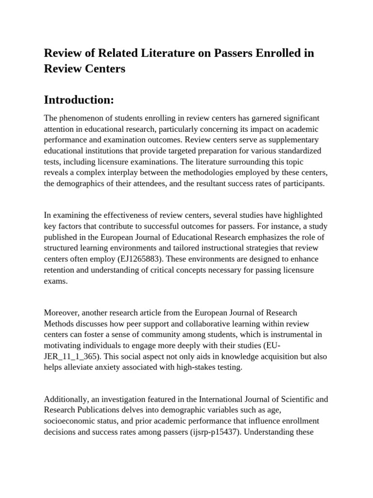 Review of Related Literature On Passers Enrolled in Review Centers ...
