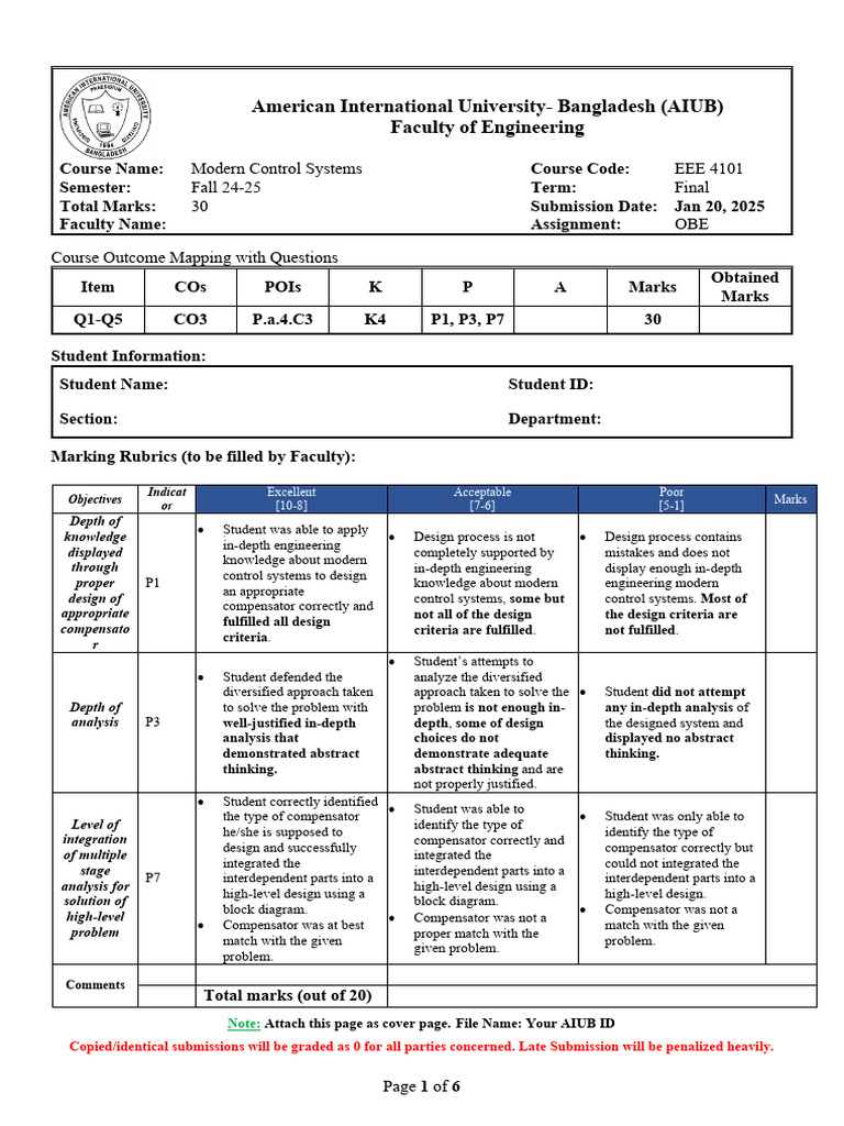AIUB EEE 4101 Control Systems Assignment | PDF | Turbine | Resonance