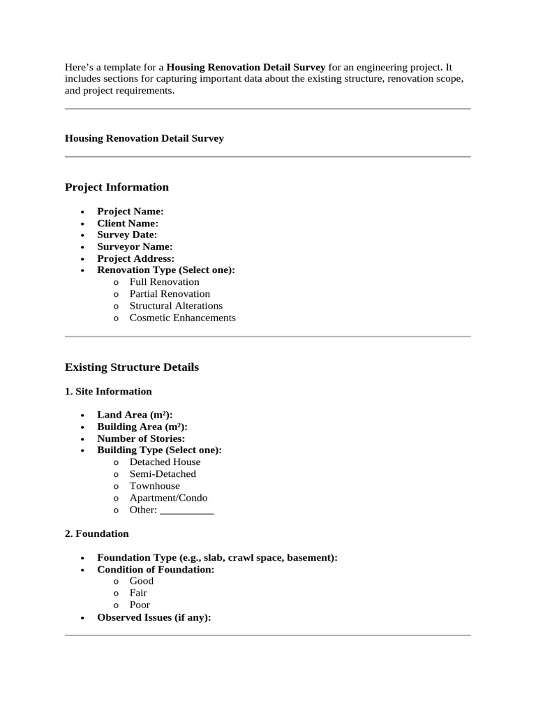 Housing Renovation Survey Template | PDF | Basement | Building Insulation