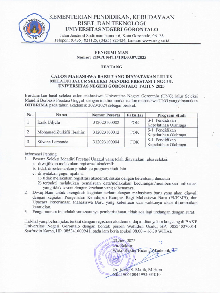 Pengumuman Calon Mahasiswa Yang Dinyatakan Lulus SM Prestasi Unggul ...