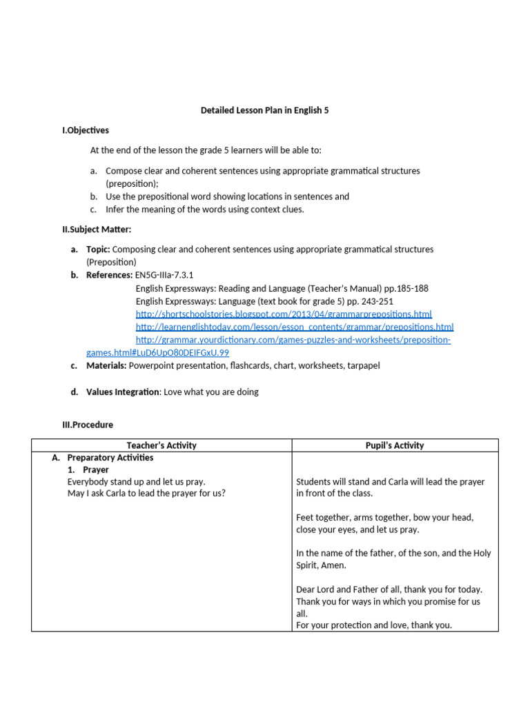 Detailed Lesson Plan in English 5 | PDF | English Language | Lesson Plan