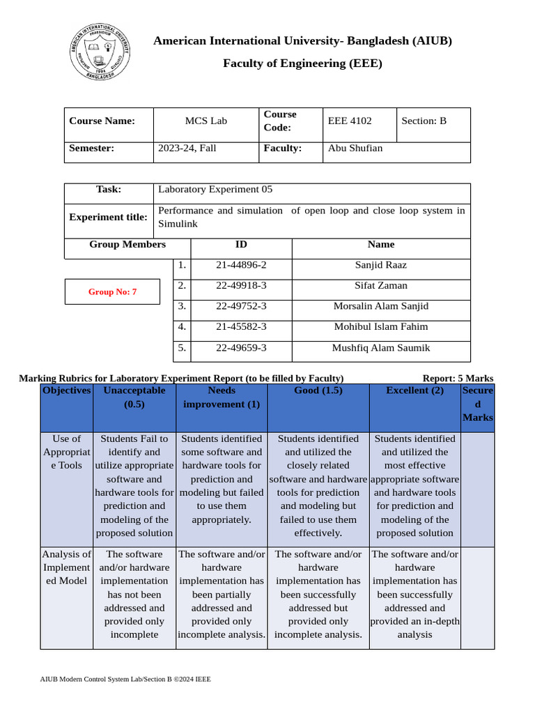 MCS Lab Exp Report With Cover Page | PDF | Control Theory | Feedback