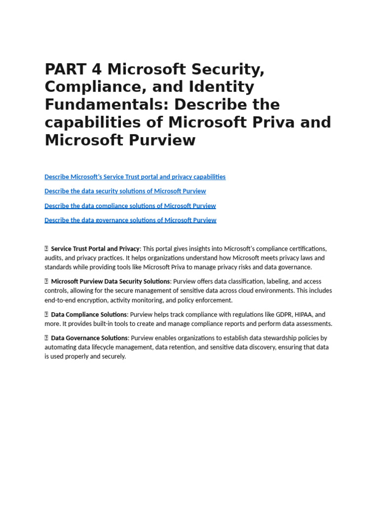 SC-900 PART 4 Describe The Capabilities of Microsoft Priva and Microsoft Purview | PDF
