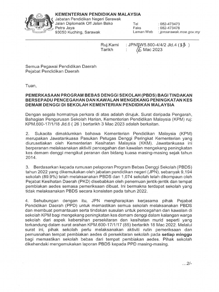 Surat Pemerkasaan Program Bebas Denggi Sekolah (PBDS) Bagi Tindakan ...