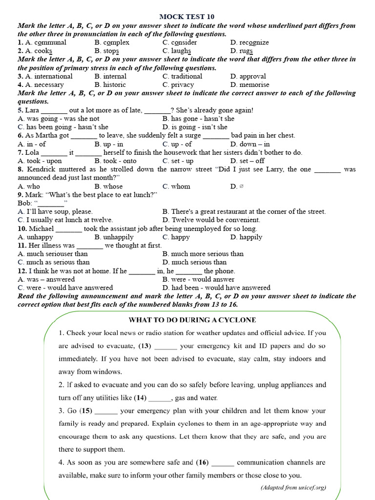 Mock English Test: Pronunciation & Grammar | PDF