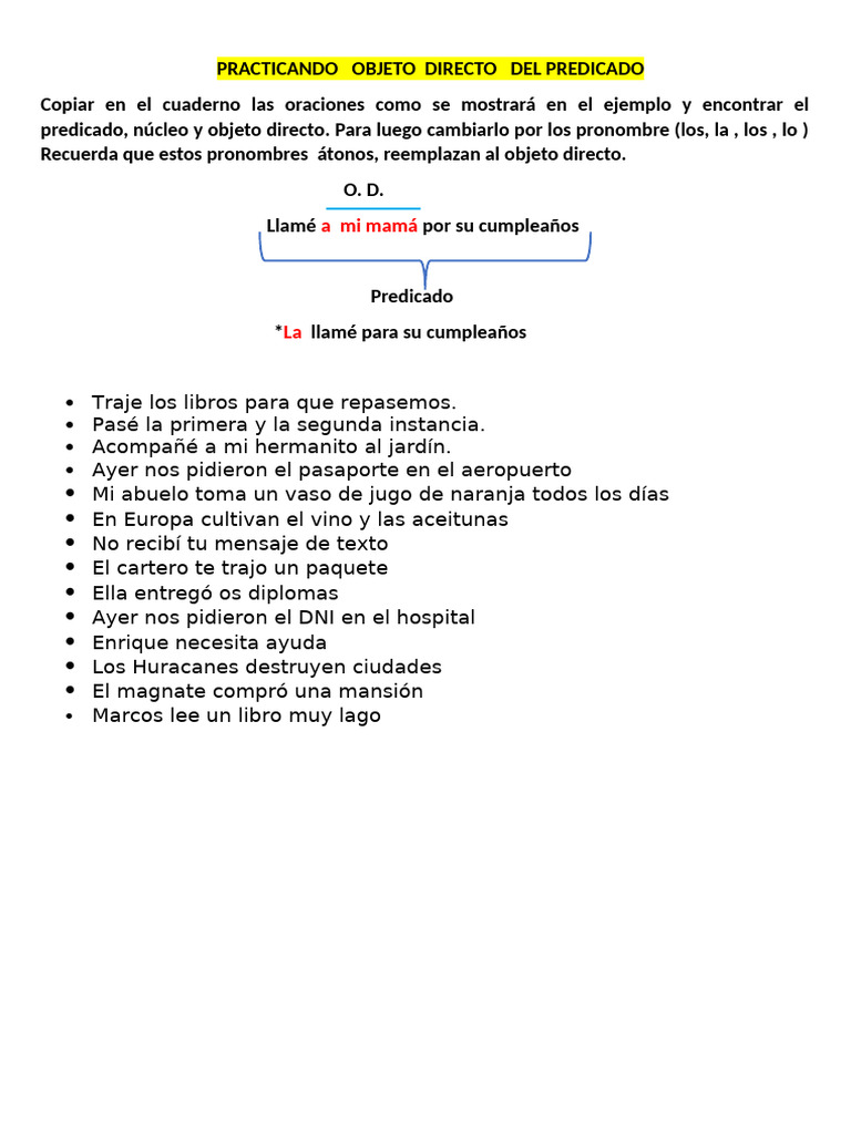 Practicando Objeto Directo Del Predicado | PDF