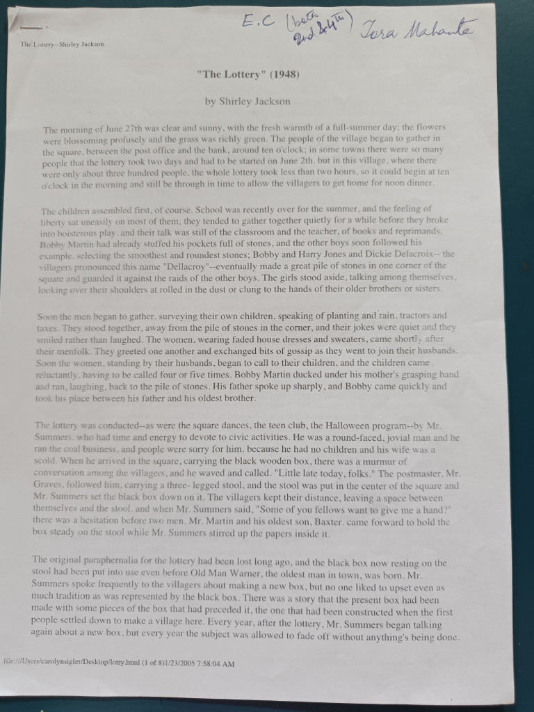 The Lottery by Shirley Jackson | PDF