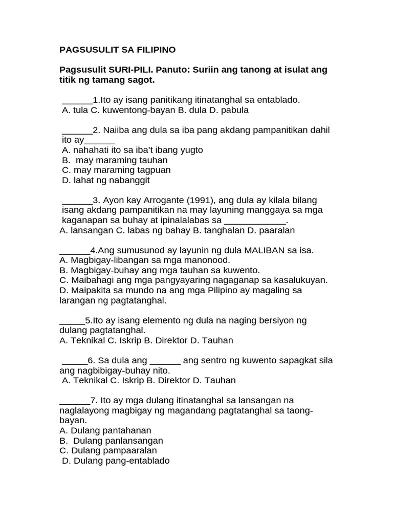 Pagsusulit Sa Filipino | PDF