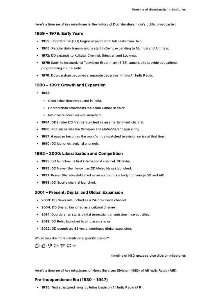 Doordarshan Milestones Timeline | PDF | Mass Media | Broadcasting
