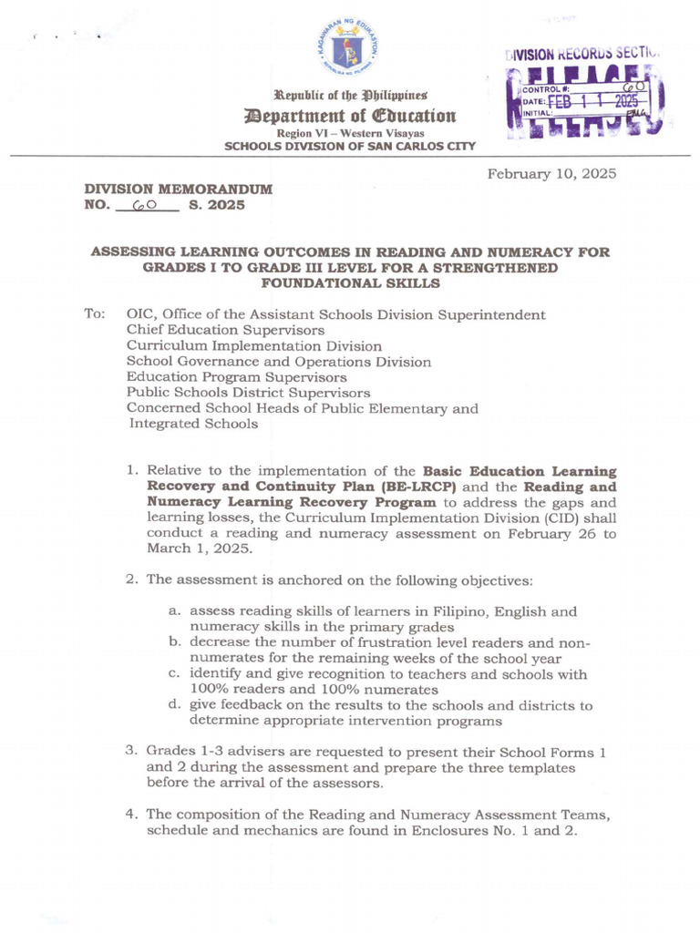 DIV. MEMO NO. 60 S 2025 ASSESSING LEARNING OUTCOMES IN READING AND NUMERACY FOR GRADES I TO ...