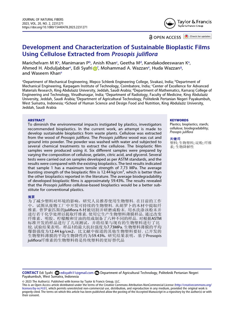 Sustainable Bioplastic Films from Prosopis Cellulose | PDF ...
