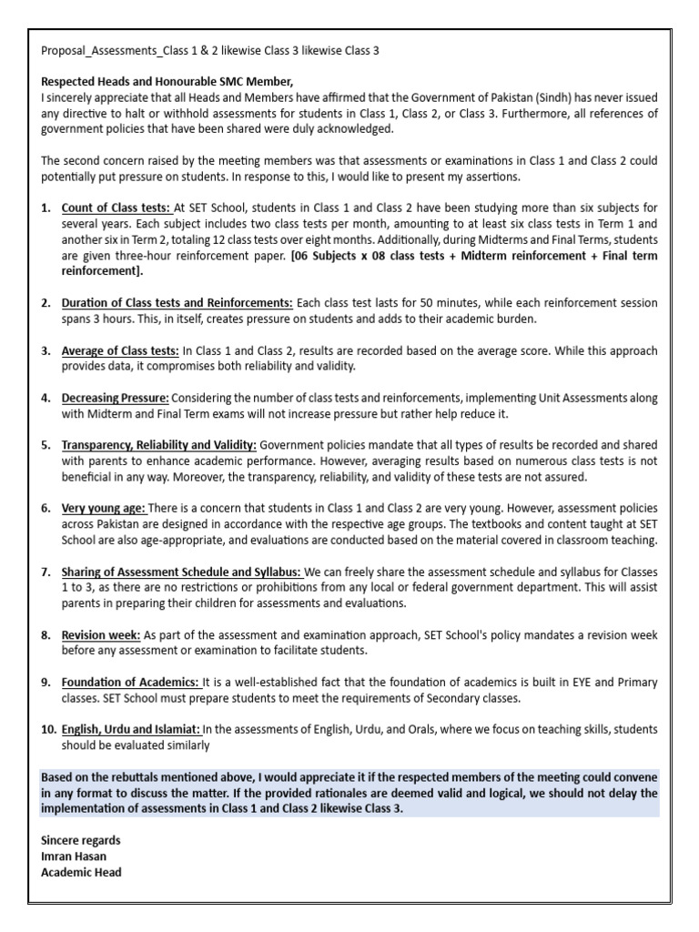 Class 1-3 Assessment Proposal | PDF