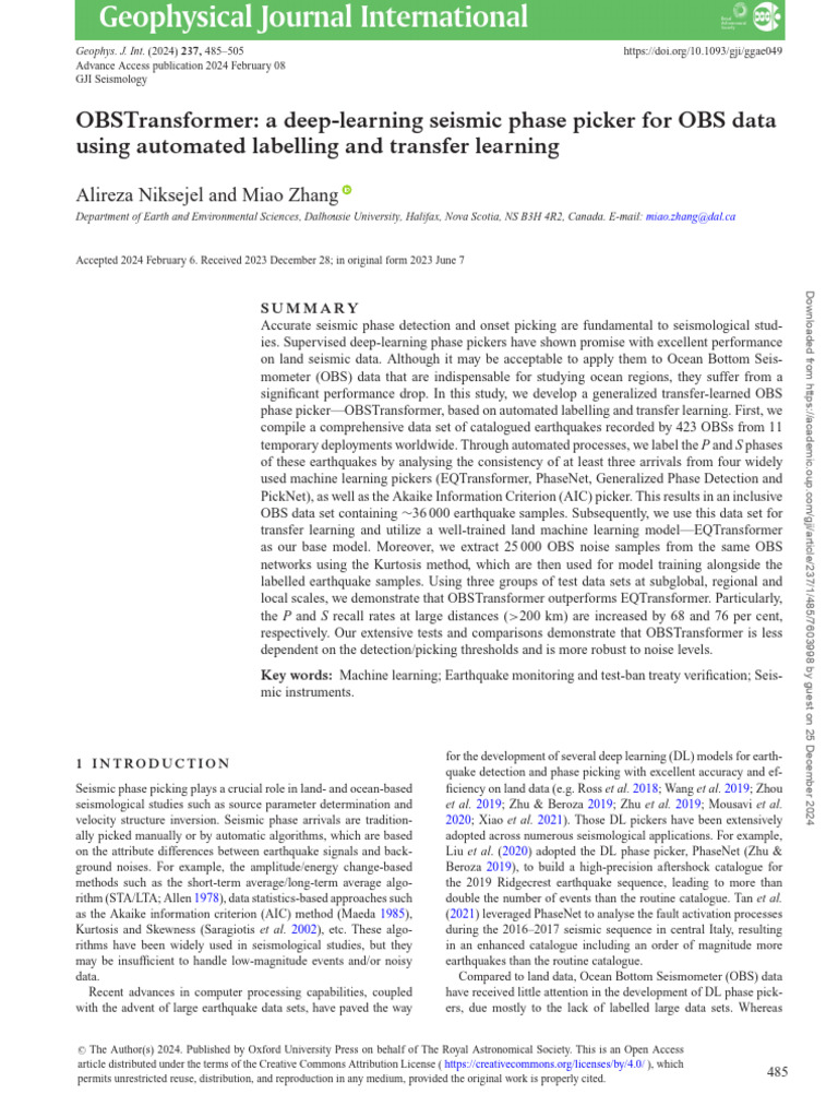 OBSTransformer - A deep-learning seismic phase picker for OBS data using automated labelling and ...