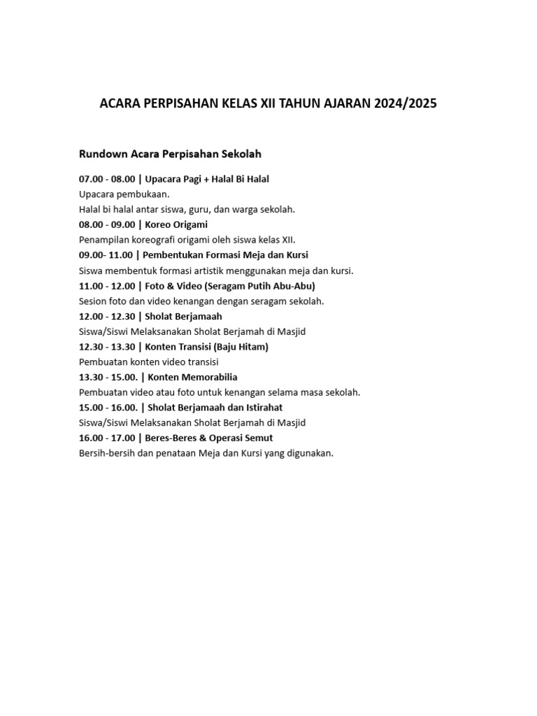Acara Perpisahan Kelas Xii Tahun Ajaran 2024 | PDF