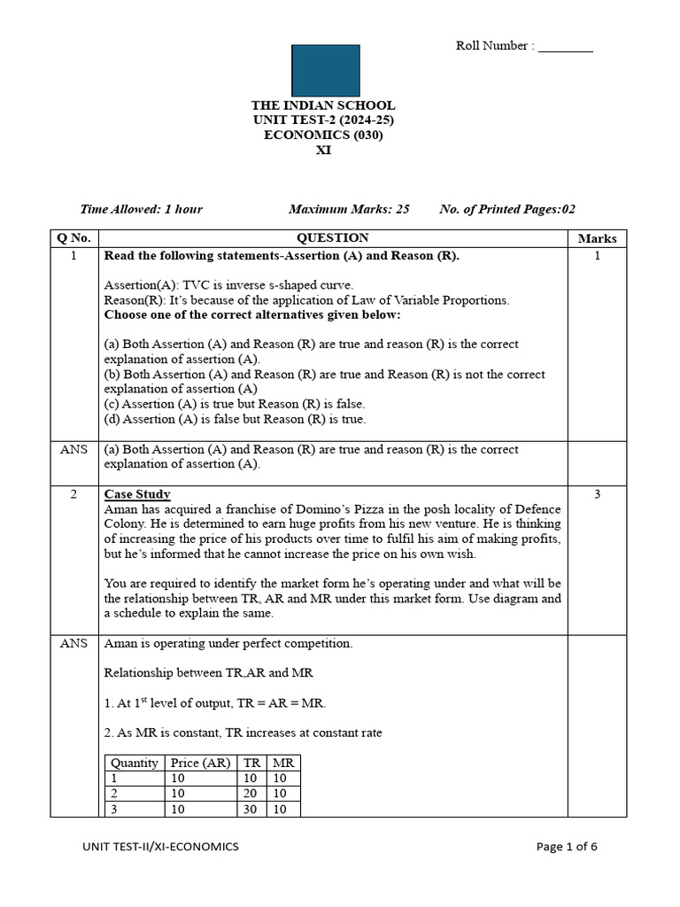 Class 11 Unit Test-2 Answer Key 2024-25 | PDF | Supply (Economics ...
