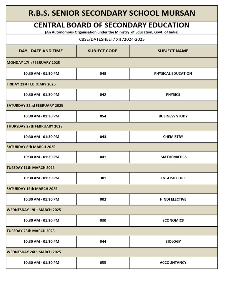 Class 12 Exam Dates 2025 | PDF