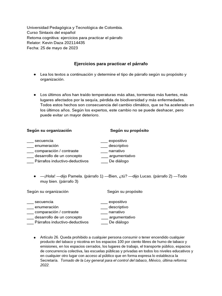 Ejercicios de párrafos en español | PDF