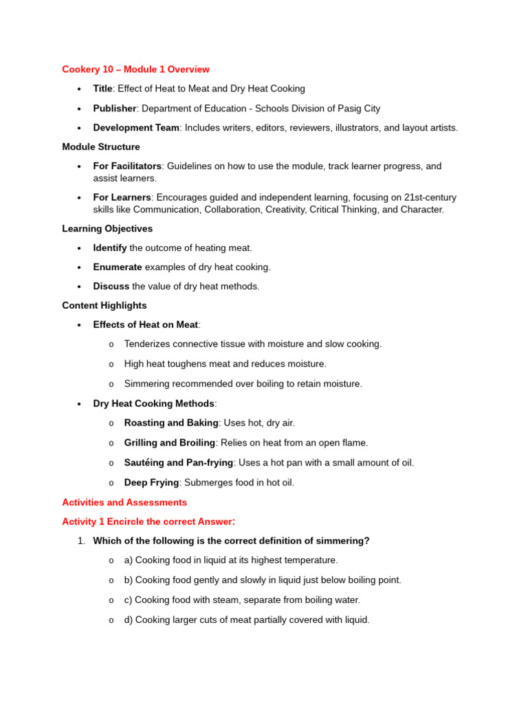 Q4 Cookery 10 Lessons and Activities | PDF | Cooking | Grilling