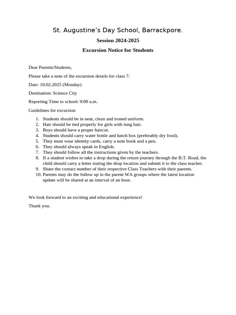 Excursion Notice Cls 7 | PDF