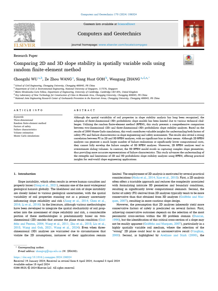 Comparing 2D and 3D Slope Stability in Spatially Variable Soils Using Random Finite-Element ...