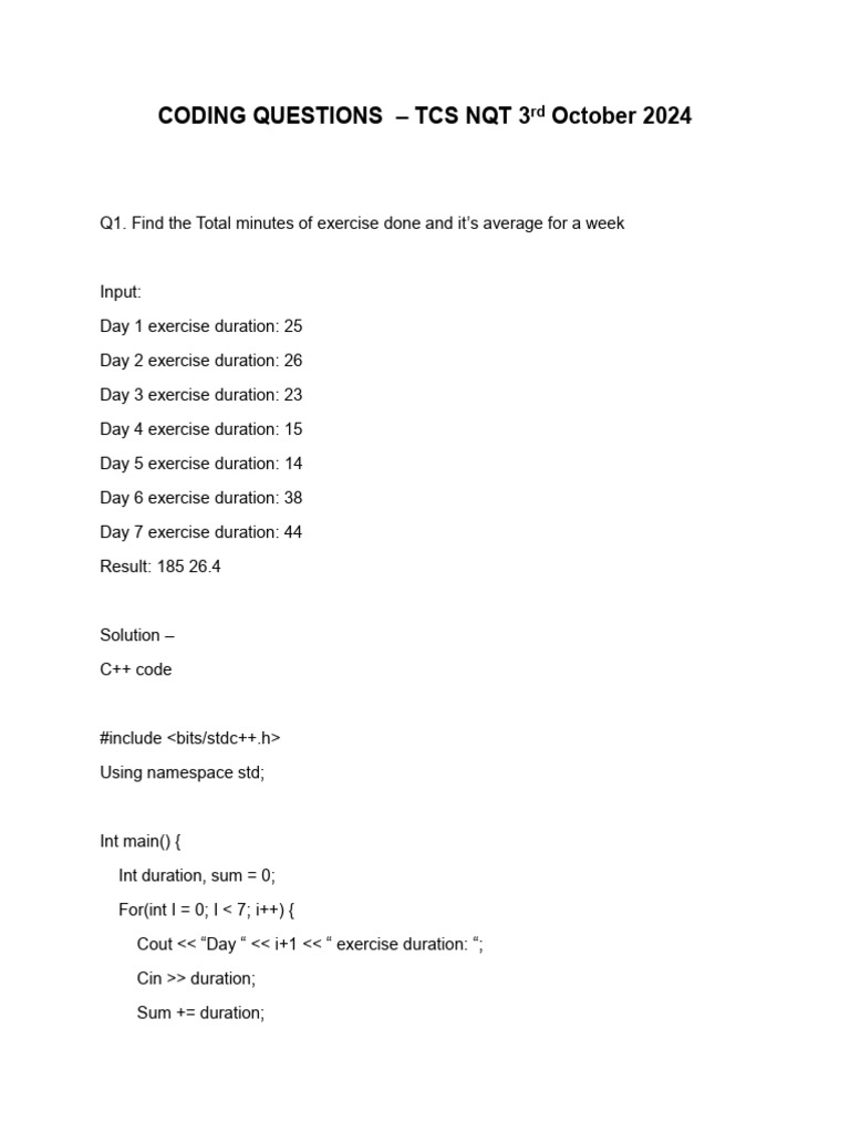 Tcs Nqt 2025 03-04-05 October Coding | PDF | Integer (Computer Science) | Namespace