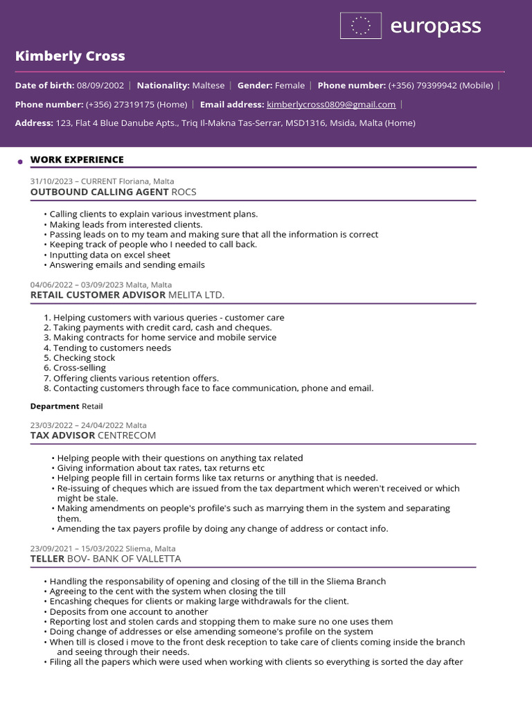 Kim Cross CV Updated 31 - 1 - 24 | PDF | Malta | Cheque